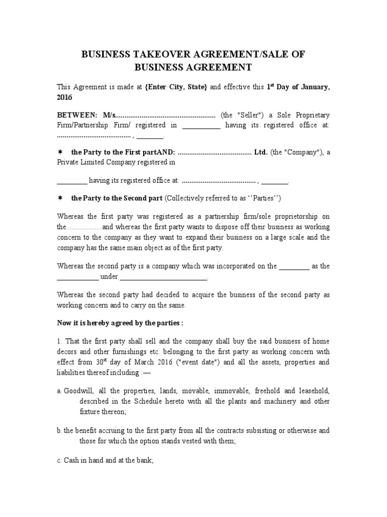 Business Takeover Agreement | PDF | Debt | Equity (Finance)