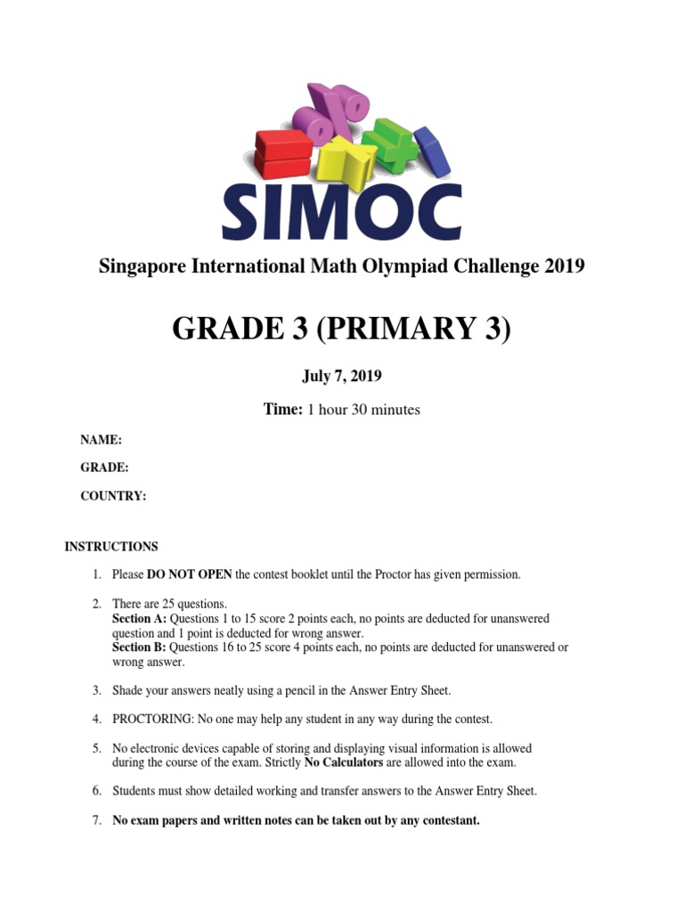SIMOC 2019 Primary 3 Math Challenge | PDF | Test (Assessment ...