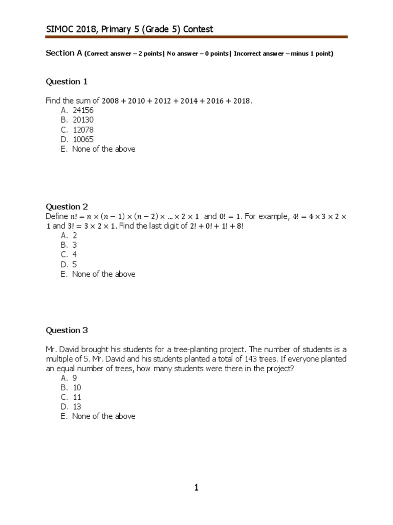 Grade 5 SIMOC 2018 | PDF | Elementary Mathematics | Teaching Mathematics