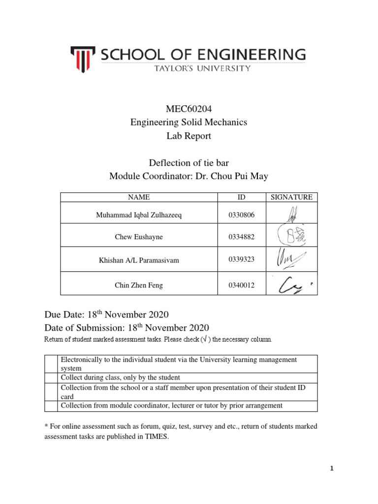 MEC60204 Engineering Solid Mechanics Lab Report Deflection of Tie Bar ...