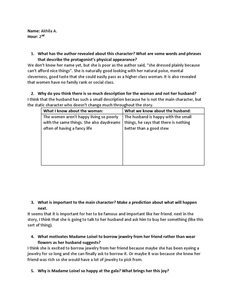 The Necklace Worksheet | PDF | Narration