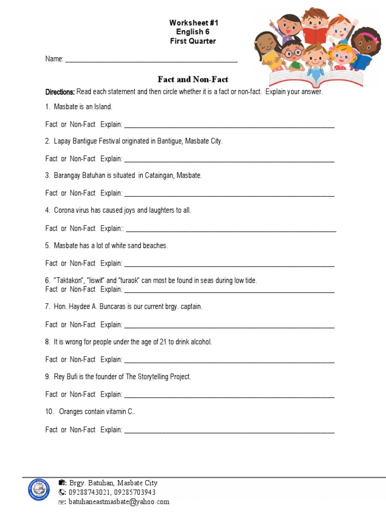 Worksheet On Fact vs. Non Fact | PDF