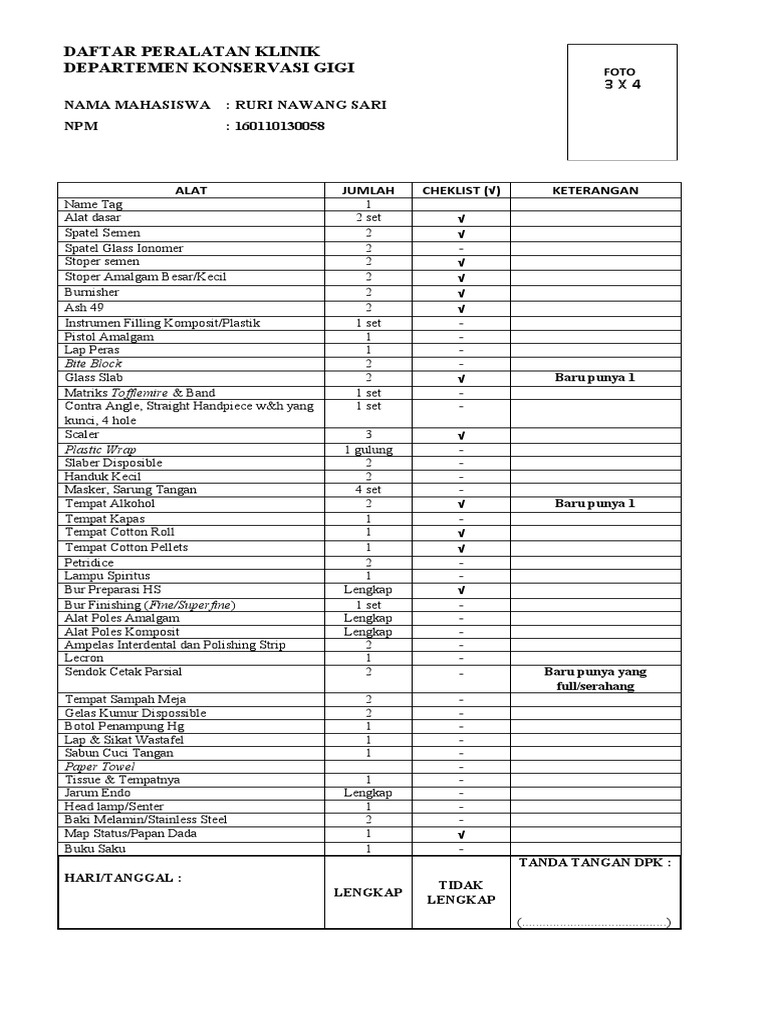 Daftar Peralatan Klinik Konservasi Gigi | PDF