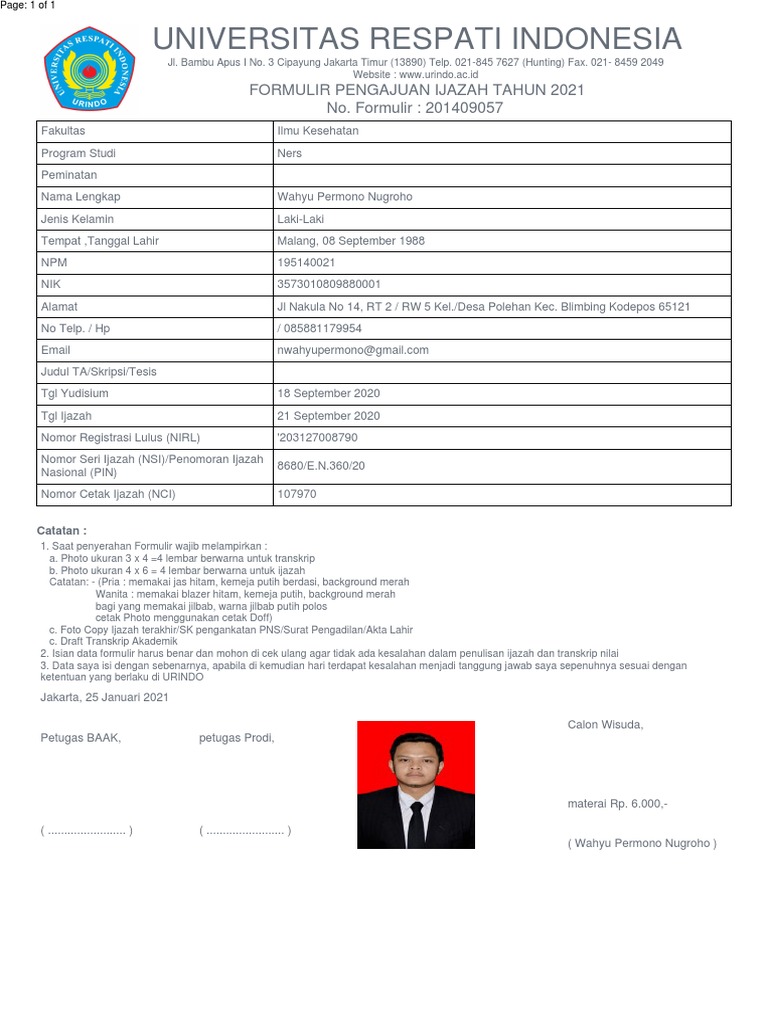 Form Wisuda 195140021 | PDF