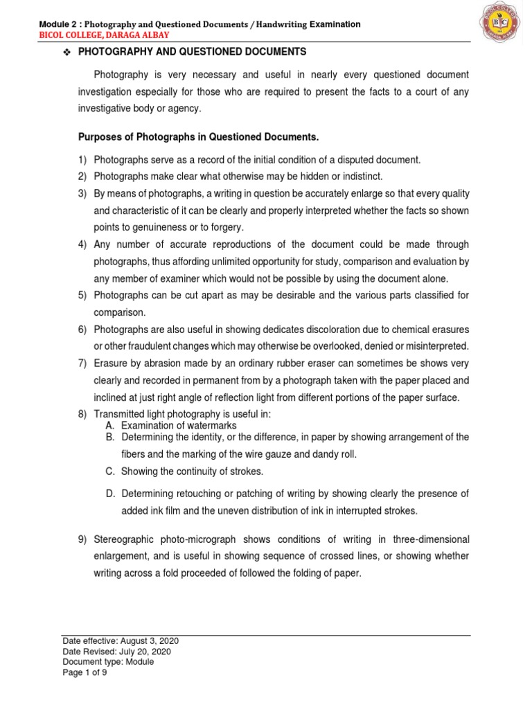 Purposes of Photographs in Questioned Documents.: Bicol College, Daraga ...