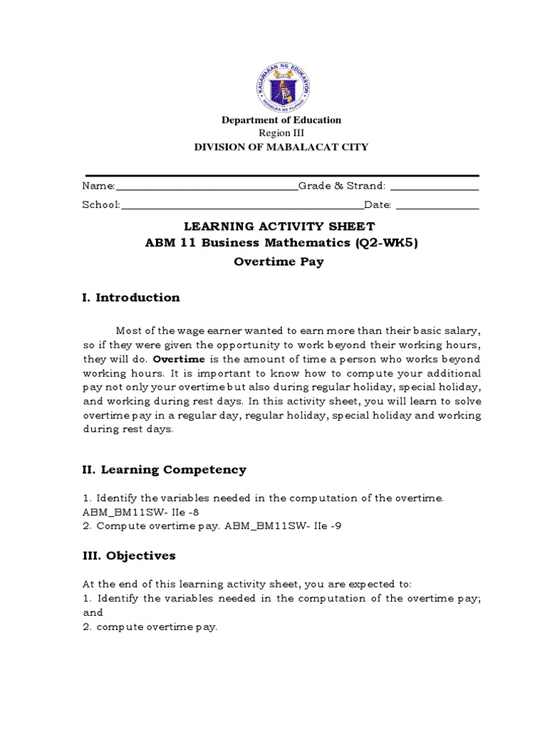 ABM11 BussMath Q2 Wk5 Overtime-Pay | PDF | Overtime | Working Time