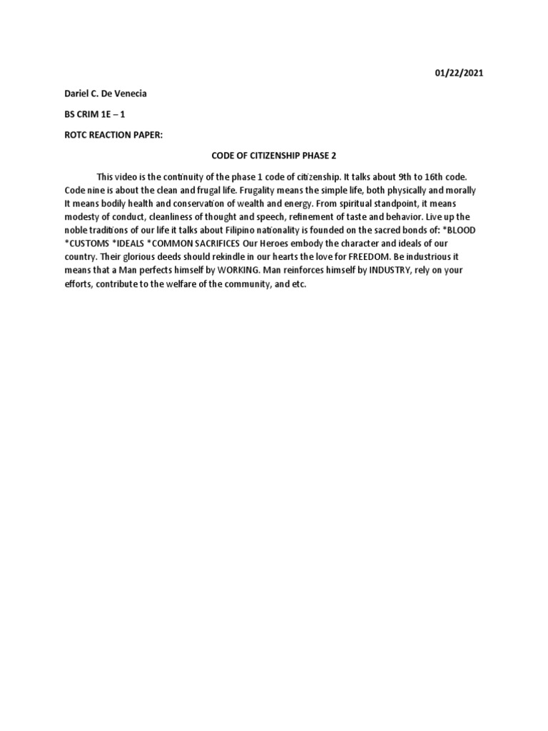 01/22/2021 Dariel C. de Venecia Bs Crim 1E - 1 Rotc Reaction Paper ...