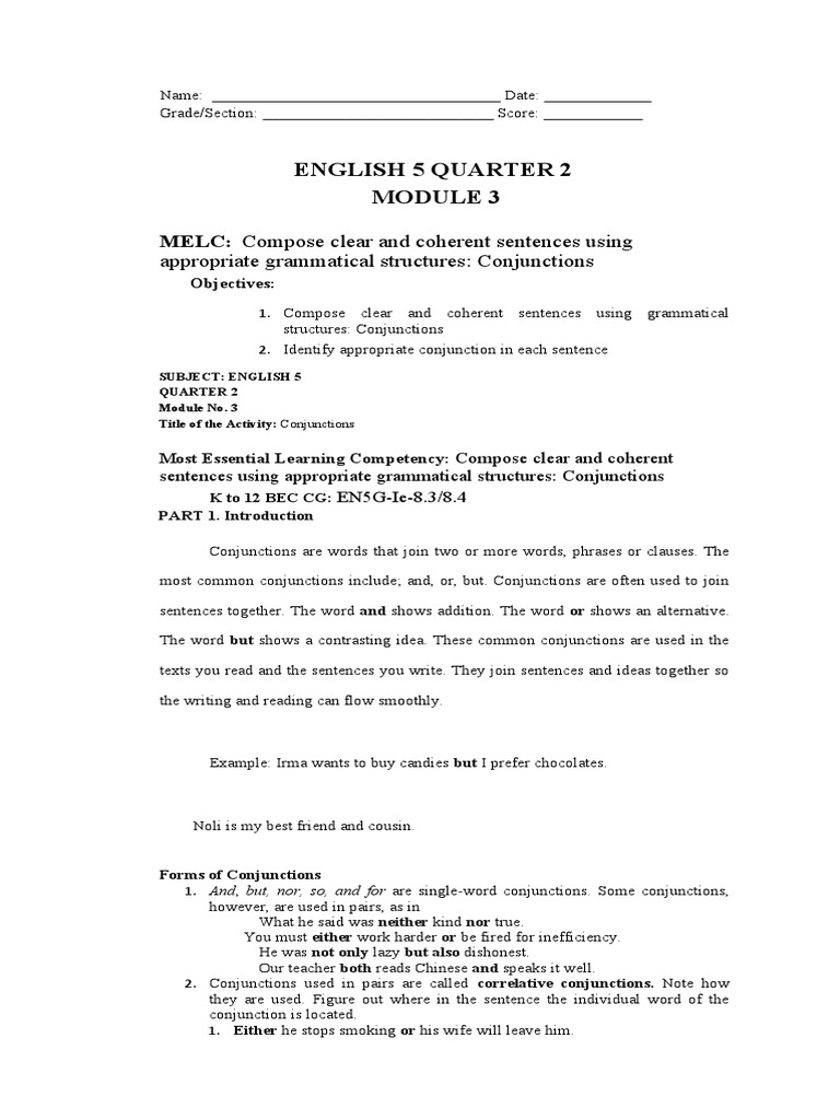 English 5 Quarter 2: Compose Clear and Coherent Sentences Using ...