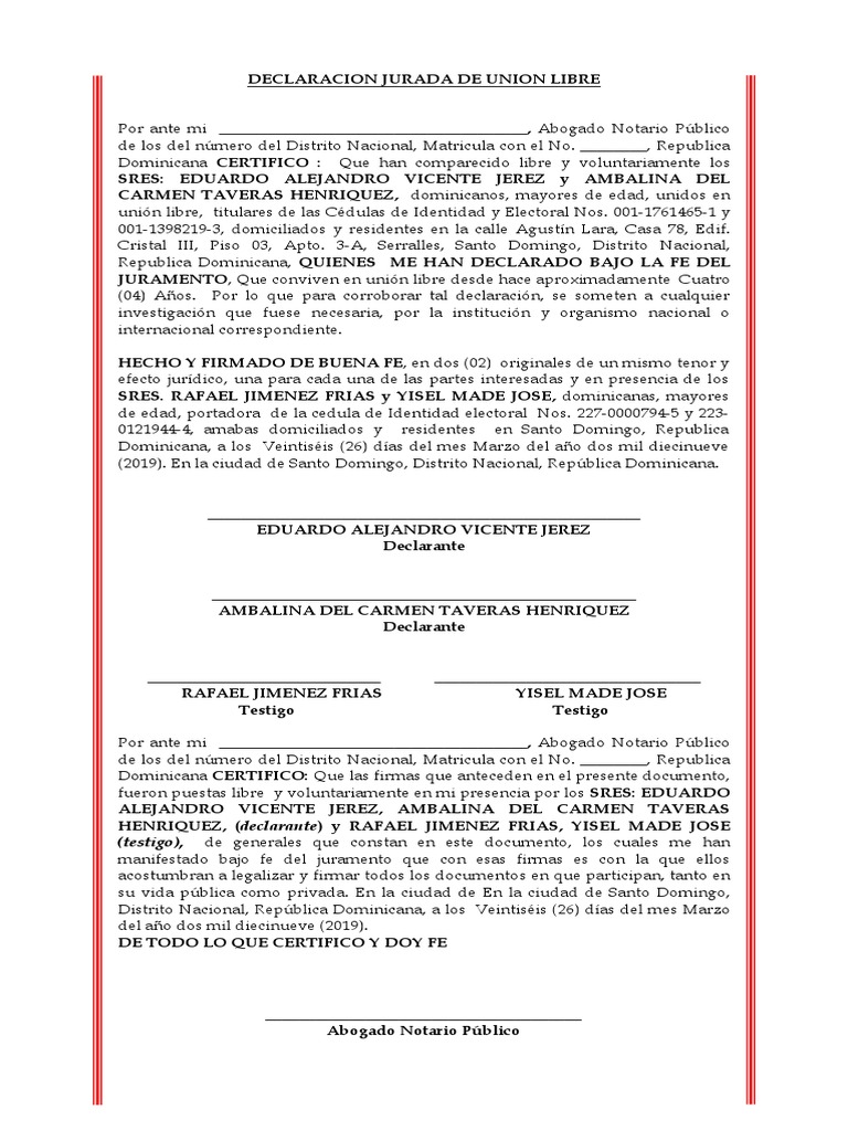 Declaración jurada de unión libre de Eduardo Alejandro Vicente Jerez y ...