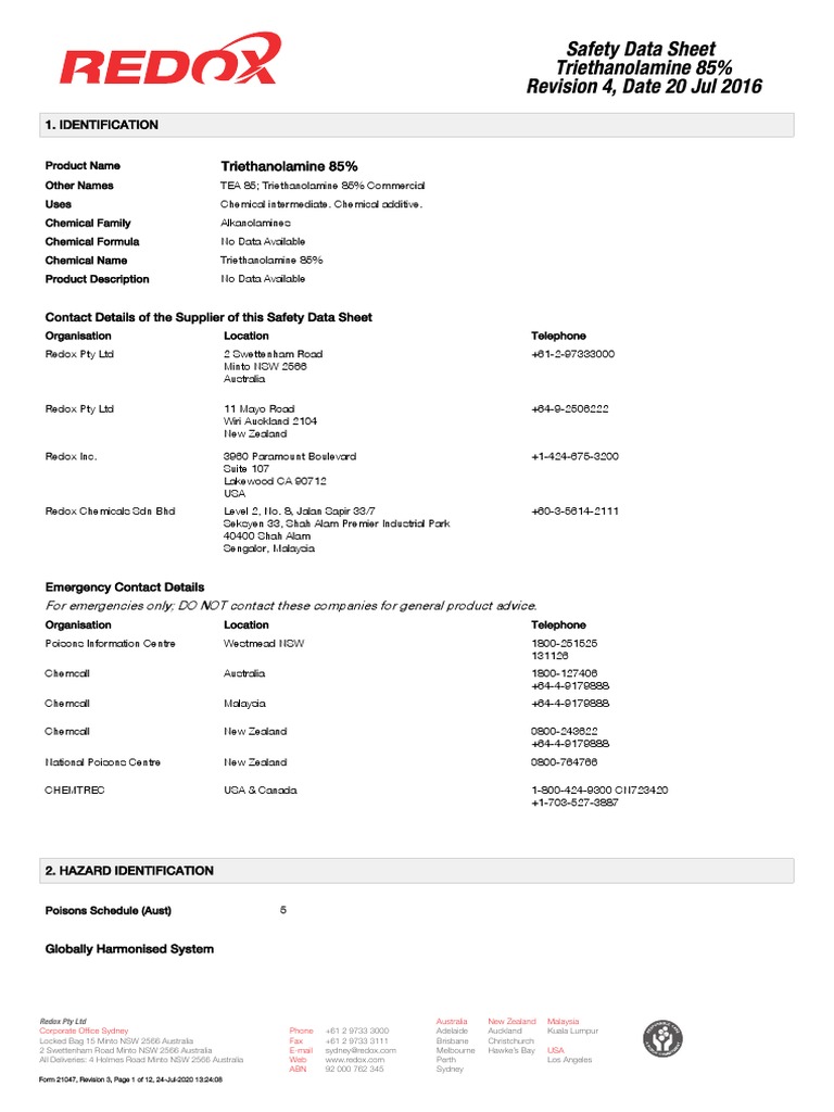 Safety Data Sheet Triethanolamine 85% Revision 4, Date 20 Jul 2016 ...