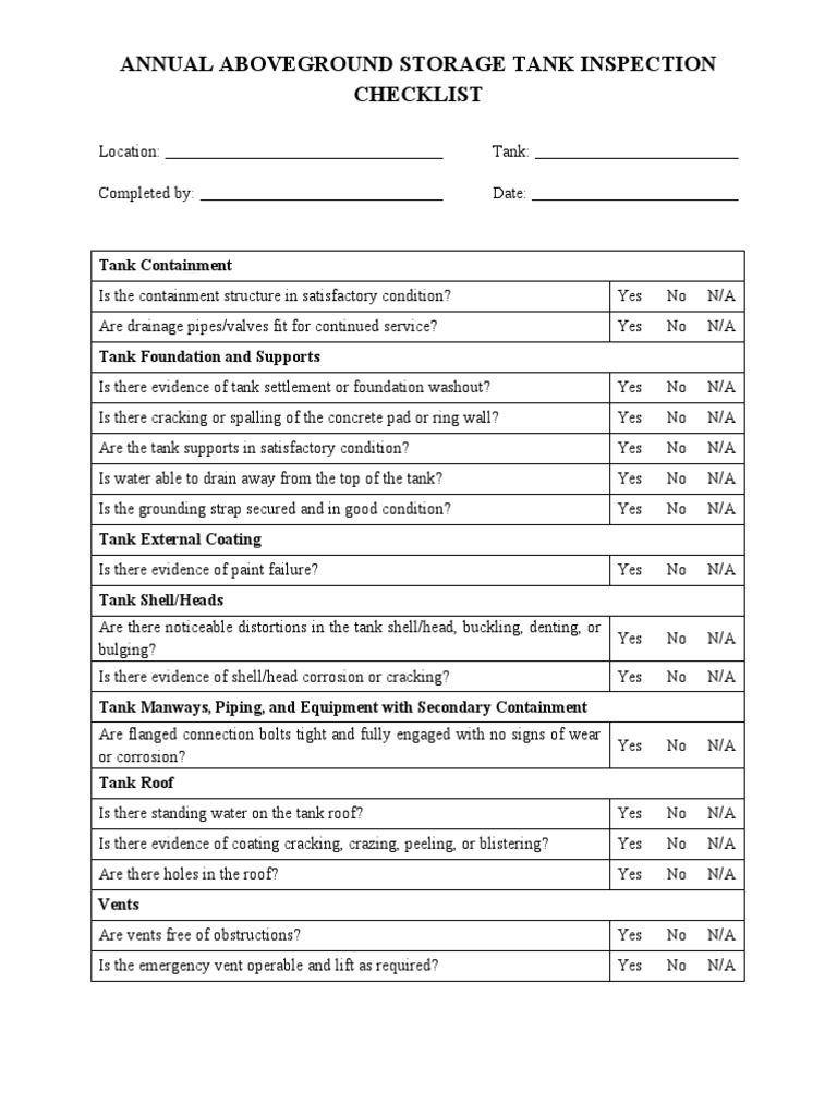 Annual Aboveground Tank Inspection Checklist | PDF | Insulator ...