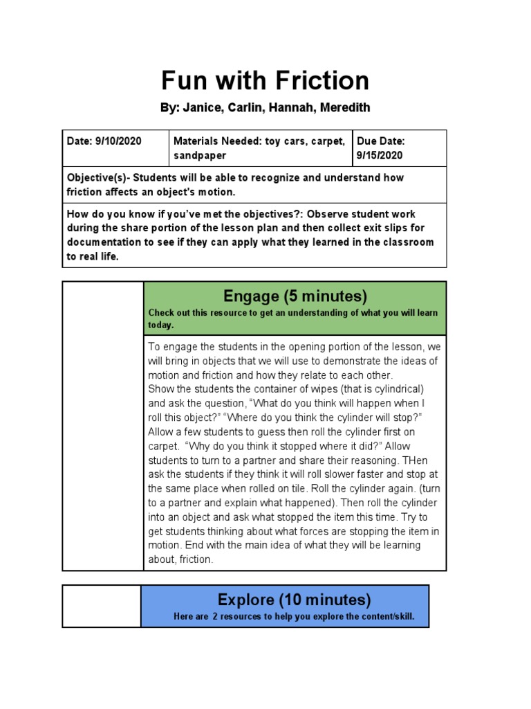 Science Lesson Plan | PDF | Friction | Force