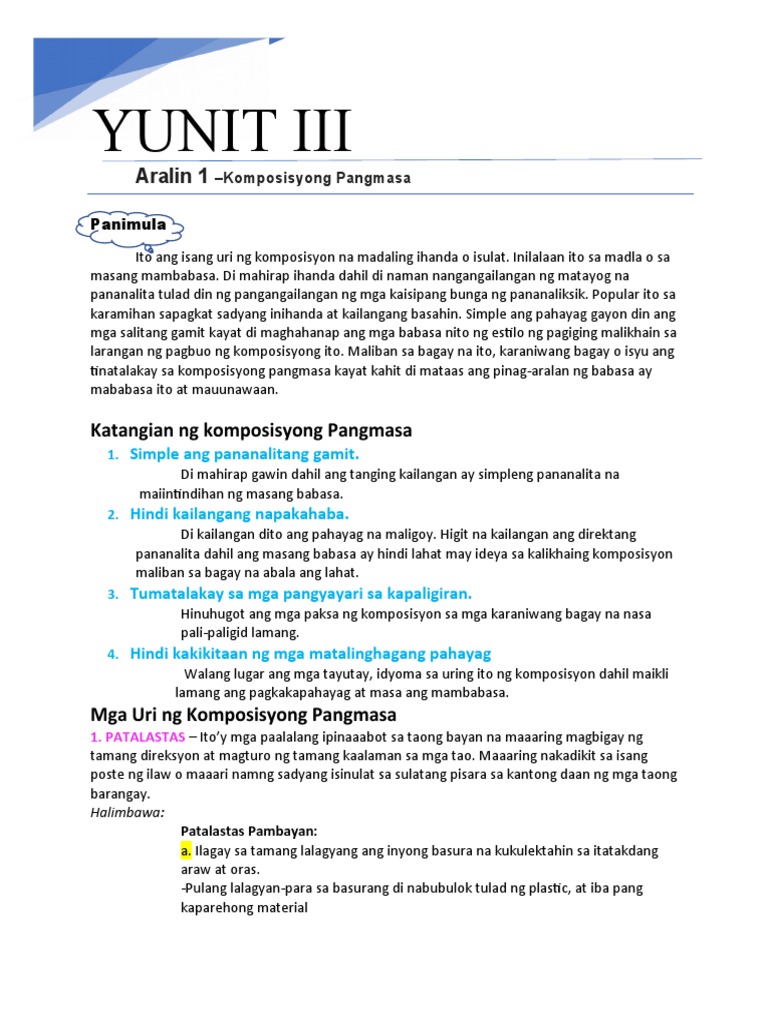 Masining YUNIT III-Aralin1 | PDF