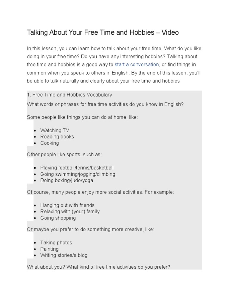 Learn How to Talk About Your Free Time and Hobbies | PDF | Hobbies ...
