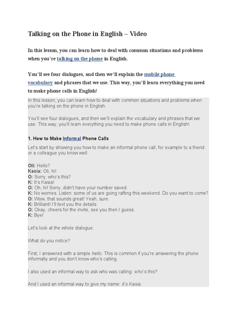 Talking On The Phone in English | PDF | Question | Languages