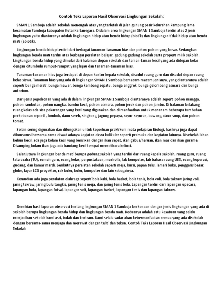 Contoh Teks Laporan Hasil Observasi Lingkungan Sekolah | PDF