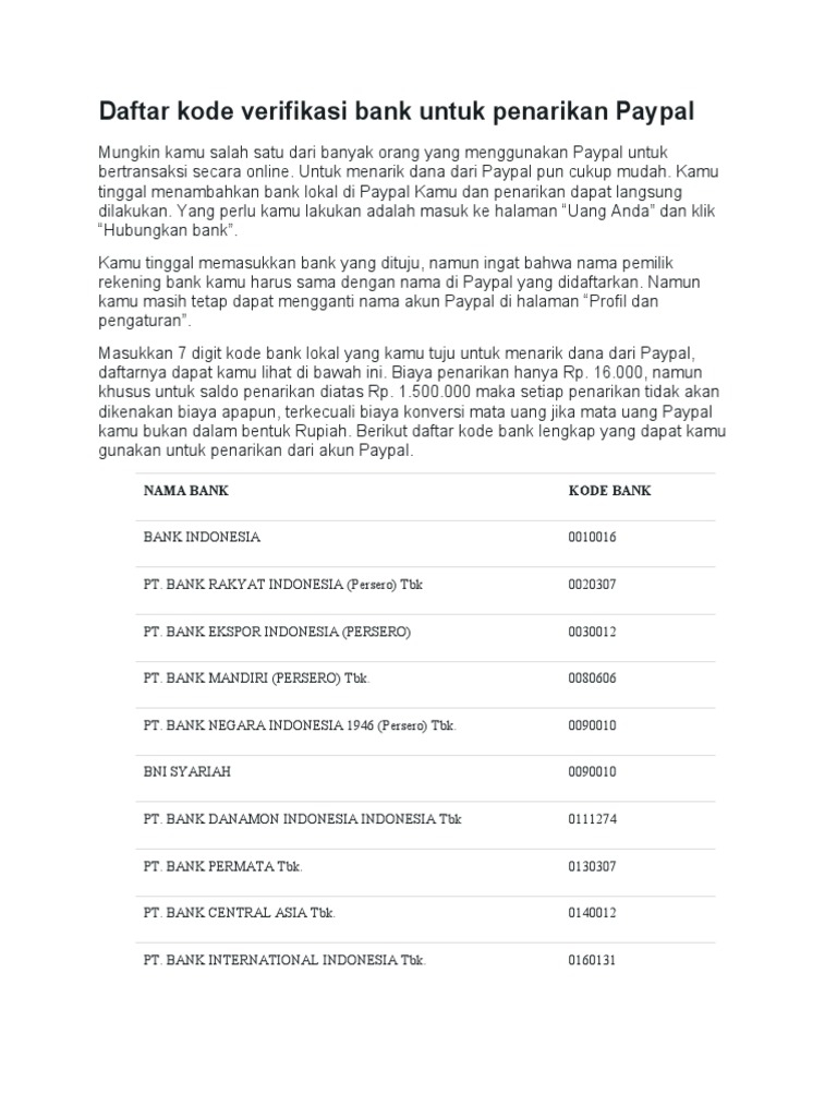 Daftar Kode Verifikasi Bank Untuk Penarikan Paypal | PDF | Pengelolaan ... Daftar Kode Verifikasi Bank Untuk Penarikan Paypal | PDF | Pengelolaan ...