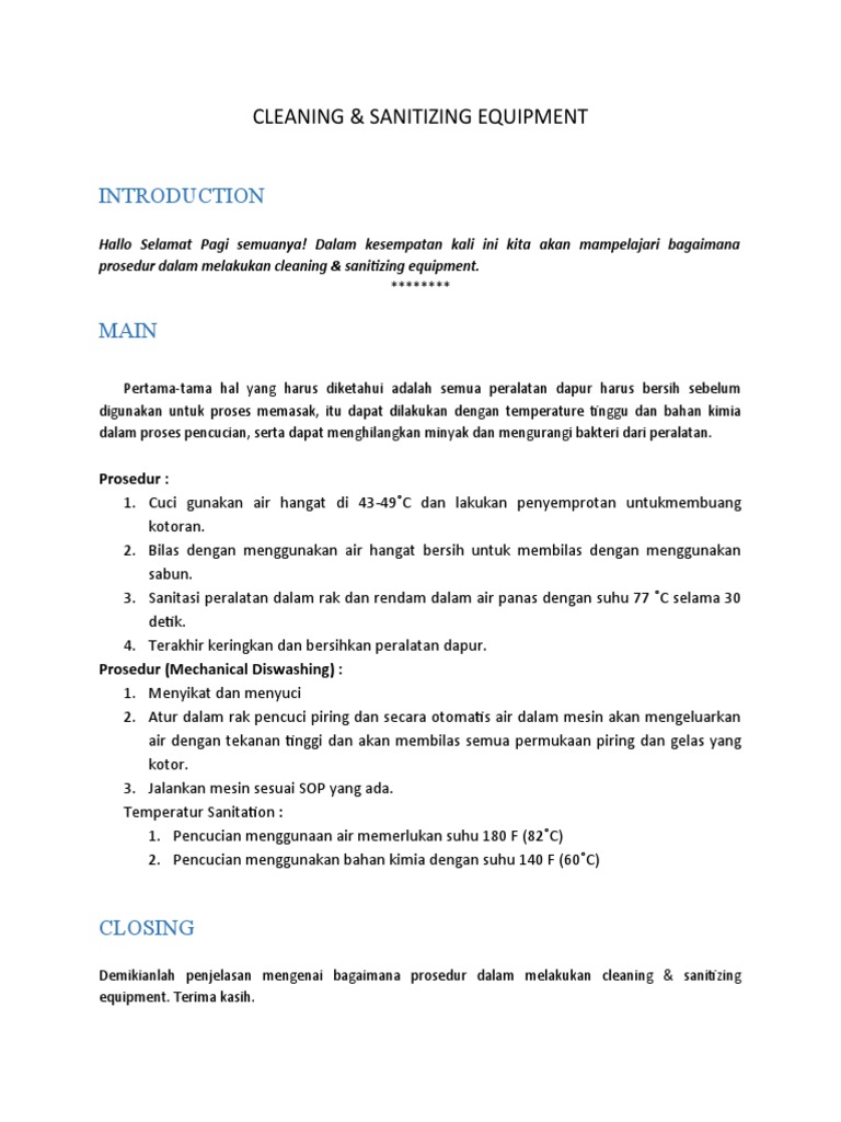 Script - FBP - Cleaning & Sanitizing Equipment | PDF