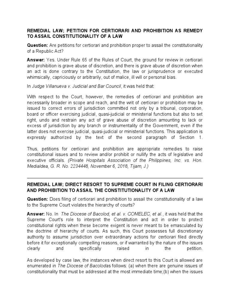 Certiorari and Prohibition in Law | PDF | Writ Of Prohibition | Certiorari