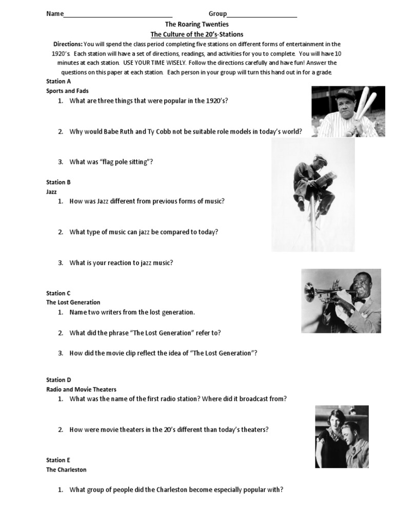 Roaring Twenties Stations Worksheet | PDF | Travel | Art