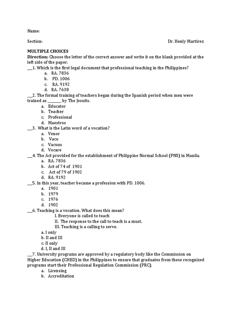 Multiple Choices Direction: Choose The Letter of The Correct Answer and ...