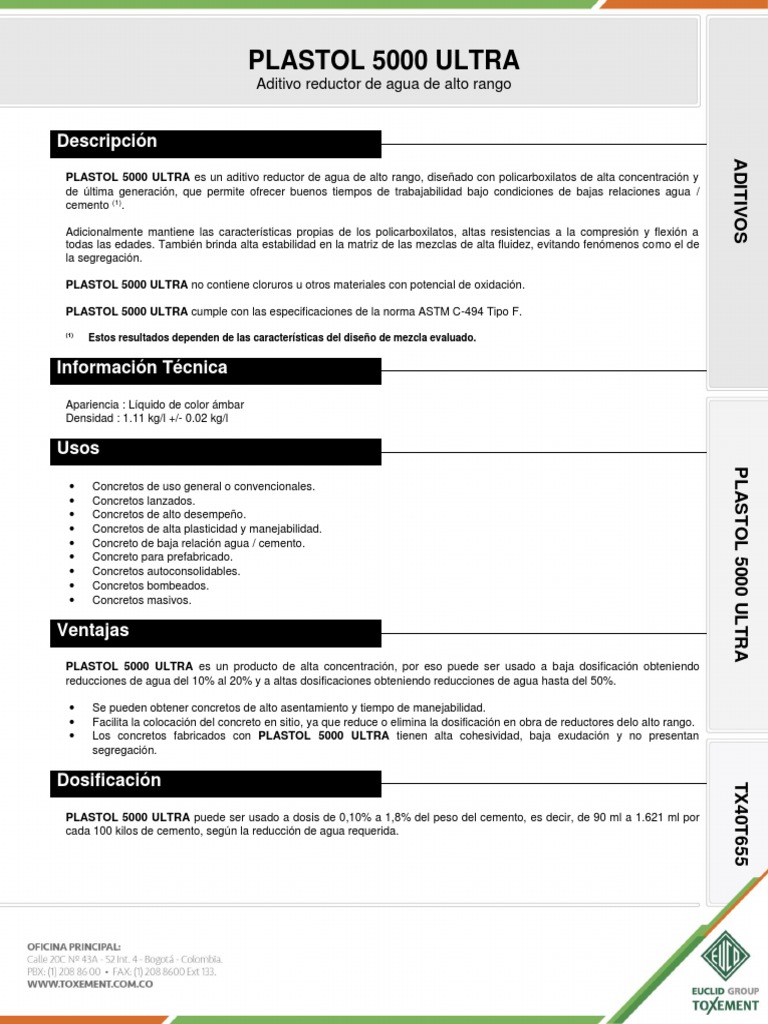 Plastol 5000 ULTRA | PDF | Hormigón | Cemento