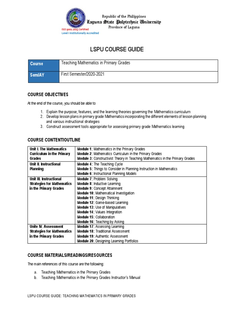 Course Guide: Teaching Math in Primary Grades | PDF | Curriculum ...