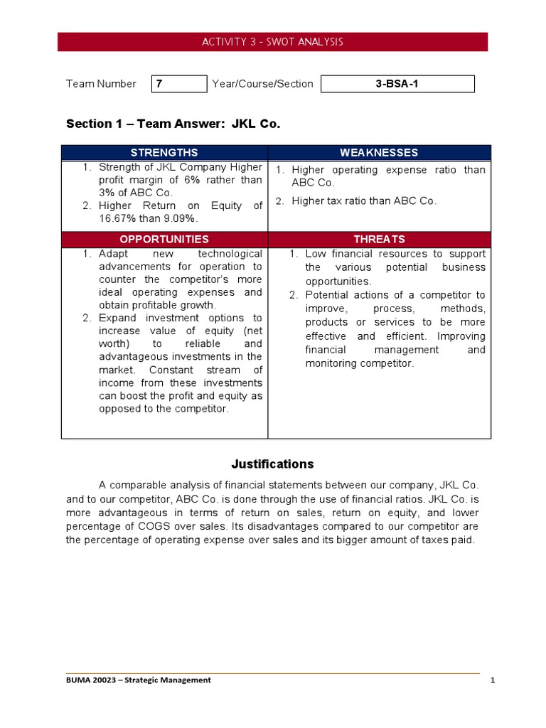 Section 1 - Team Answer: JKL Co.: Strengths Weaknesses | Download Free ...