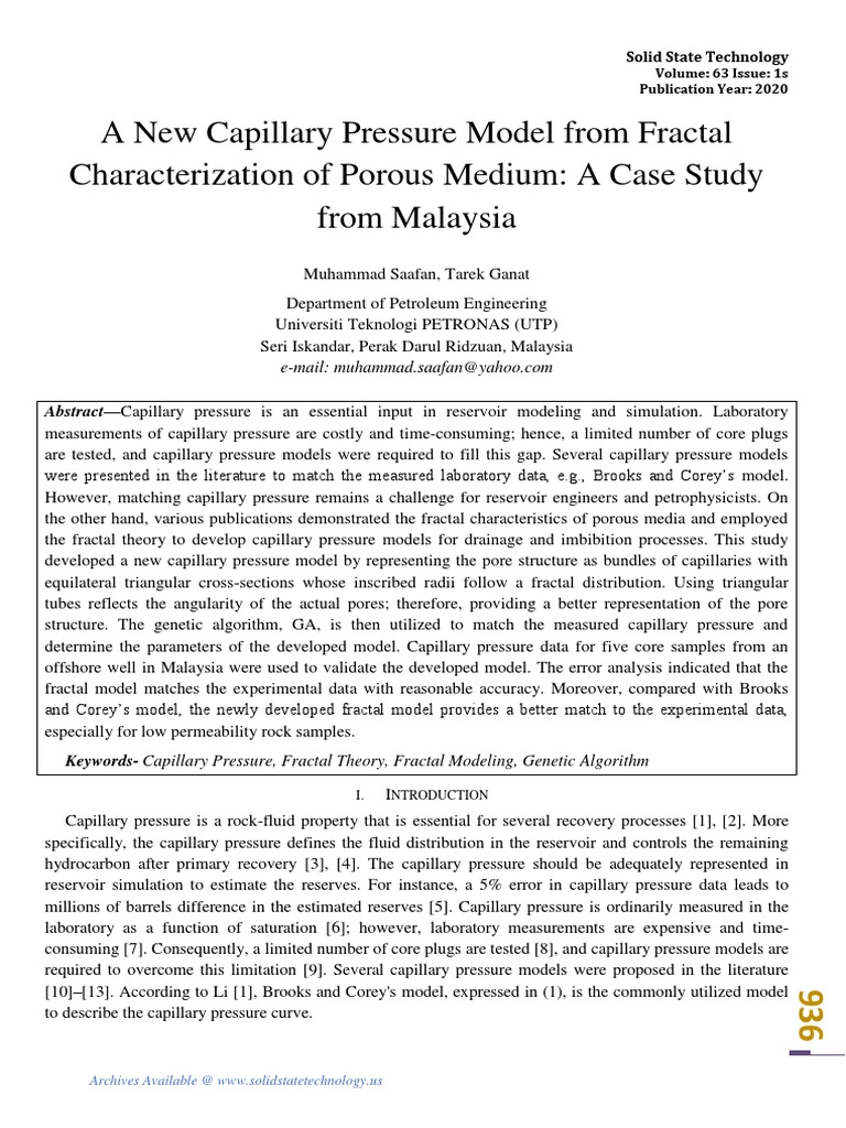 A New Capillary Pressure Model From Fractal Characterization of Porous ...