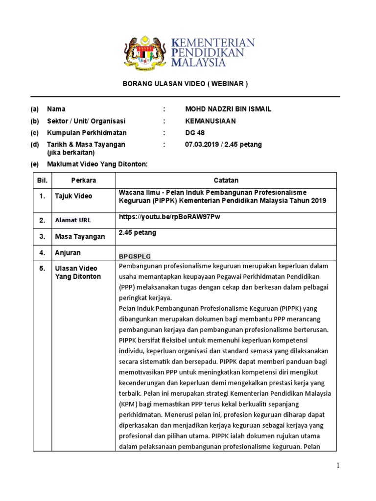 Format Borang Ulasan Video PIPPK | PDF