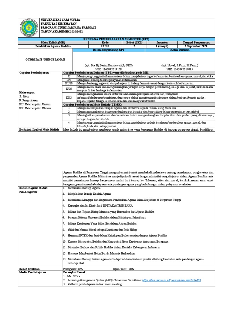 Renacana Pembelajaran Semester (RPS) Mata Kuliah Pendidikan Agama ...