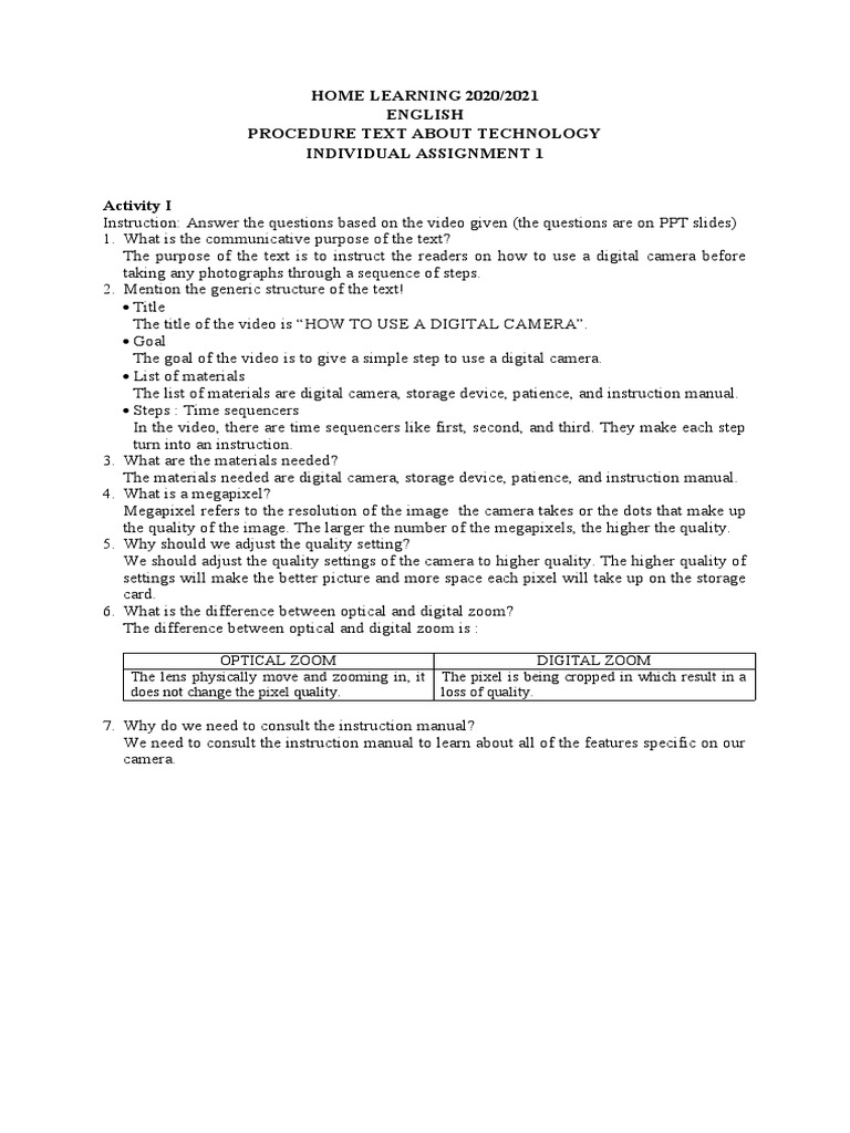 HOME LEARNING 2020/2021 English Procedure Text About Technology Individual Assignment 1 | PDF ...