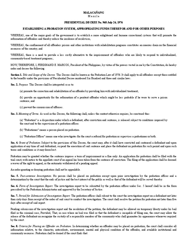 PD 968 - Probation Law | PDF | Probation | Probation Officer