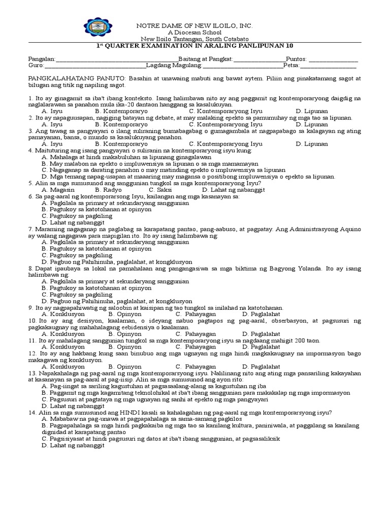 1st Quarter Exam - AP10 | PDF