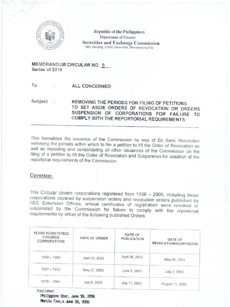 SEC Memorandum Circular No. 5 Series of 2016 | PDF
