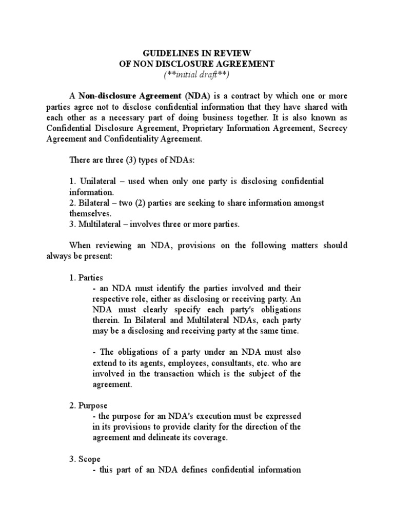 Guidelines in Review of Non Disclosure Agreement: ( Initial Draft ...