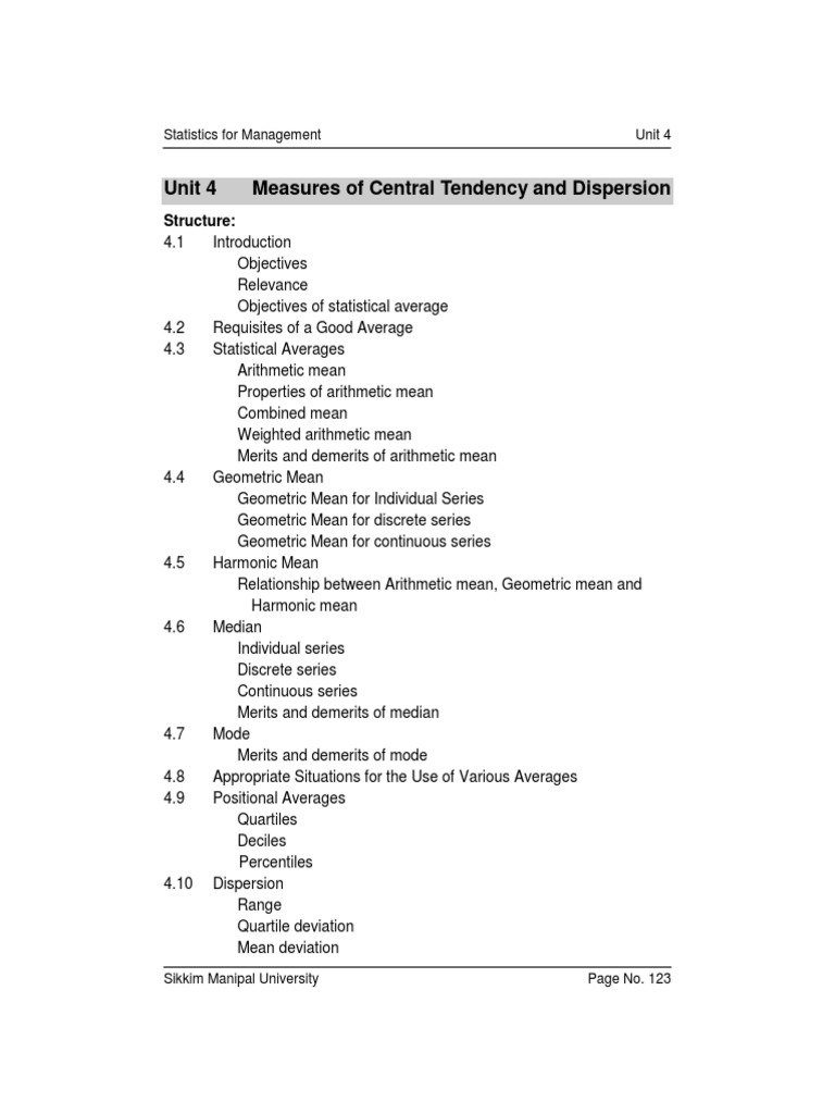 Unit 4 Measures of Central Tendency and Dispersion: Structure | PDF | Mean | Arithmetic Mean