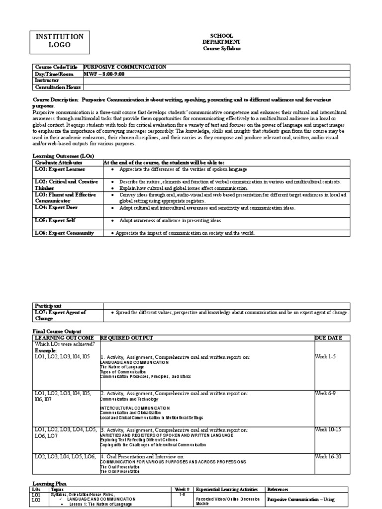 Purposive Communication Course Syllabus | PDF | Cross Cultural ...