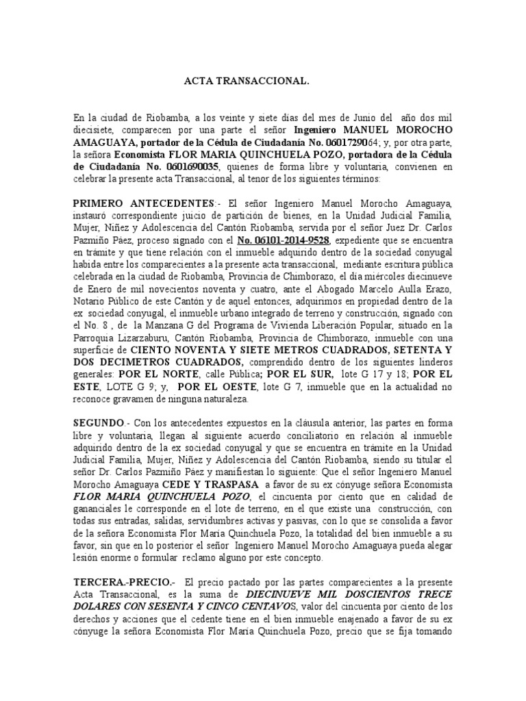 Acta Transaccional de Bienes en Riobamba | PDF | Política | Derecho