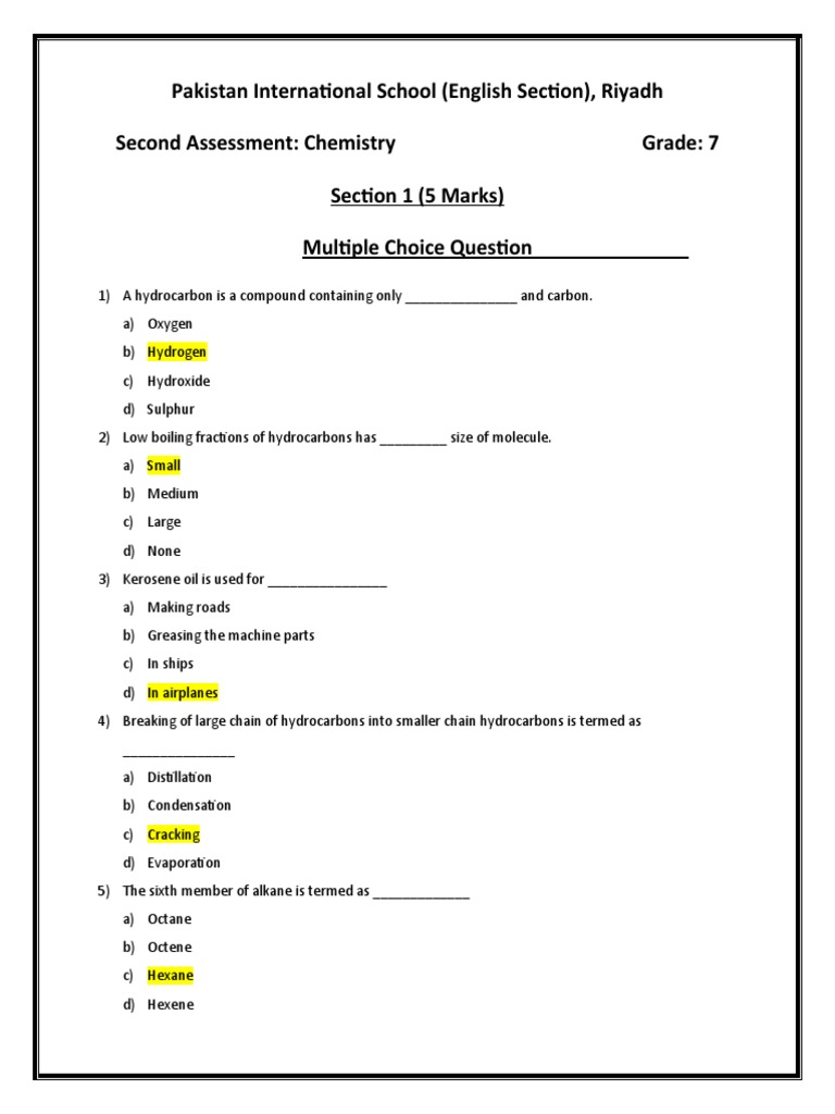 Chemistry Grade 7 - Answer Key | PDF | Alkane | Hydrocarbons