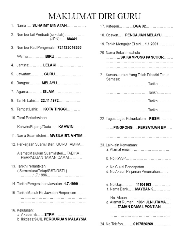 Maklumat Diri Guru Buku RPH | PDF