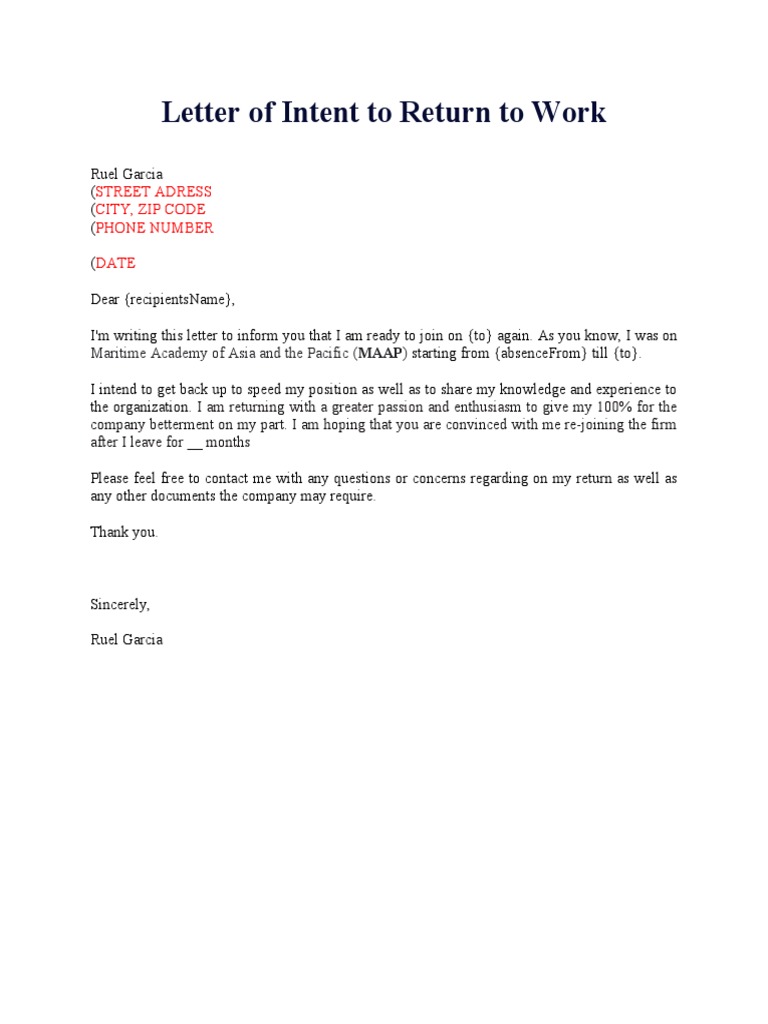 Intent to Return to Work Letter | PDF | Career & Growth