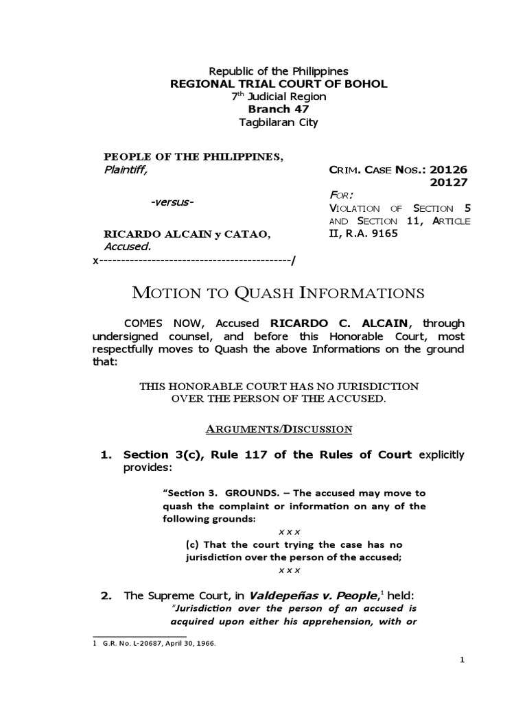Motion to Quash Informations Due to Illegal Arrest and Lack of ...
