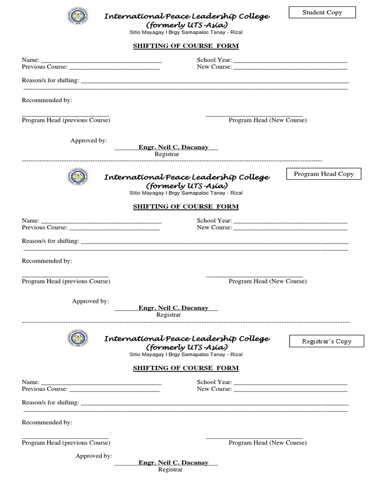 Shifting of Course Form: International Peace Leadership College ...