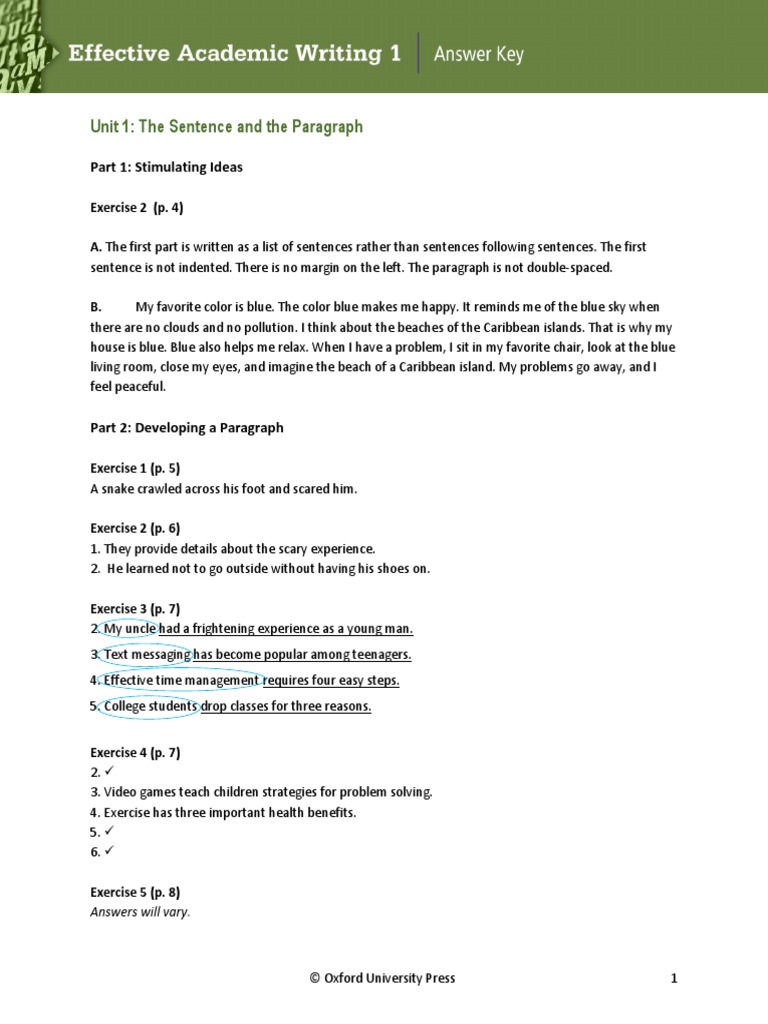 Effective Academic Writing: The Paragraph Second Edition Answer Key ...