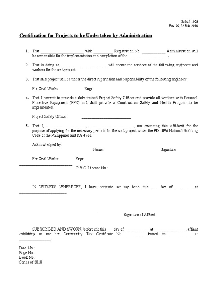 Certification For Projects To Be Undertaken by Administration Concrete ...