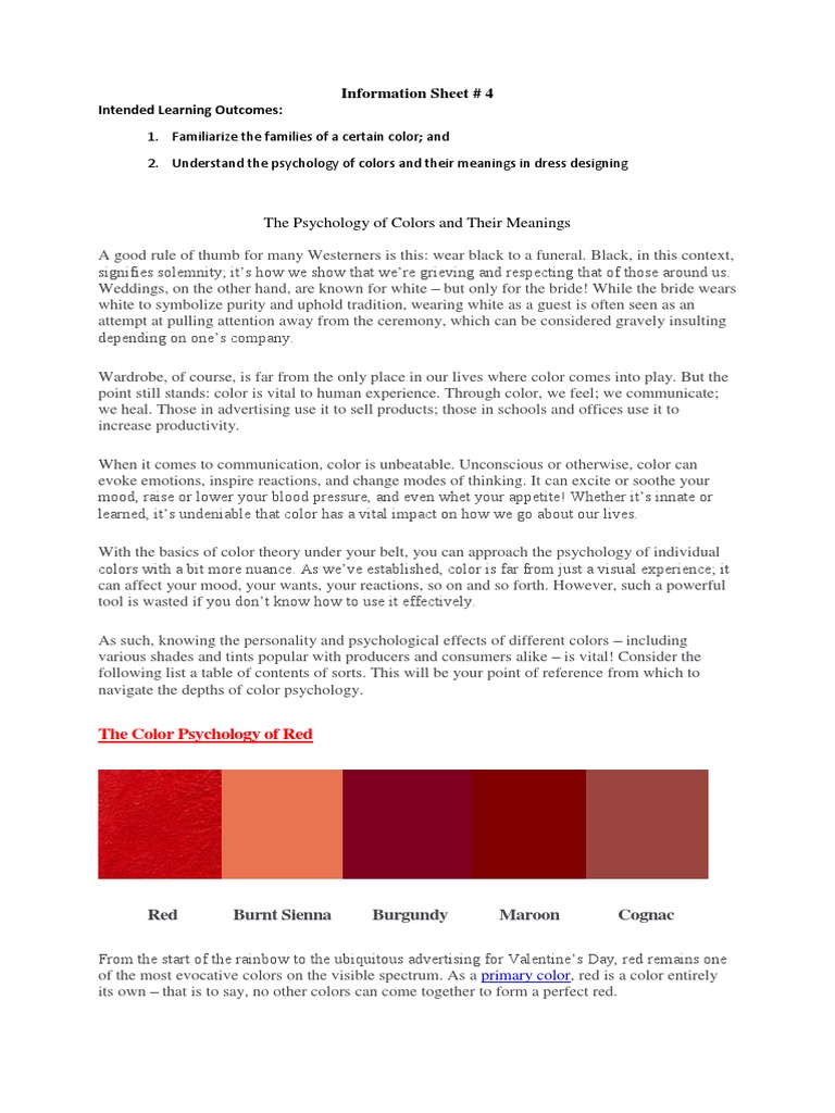 Information Sheet 4 Psychology of Colors | PDF | Color | Psychology