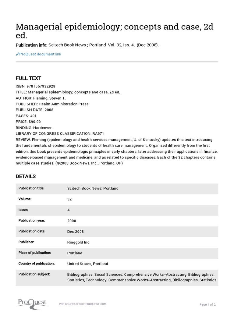 Managerial Epidemiology Concepts and Case, 2d Ed.: Full Text | PDF ...