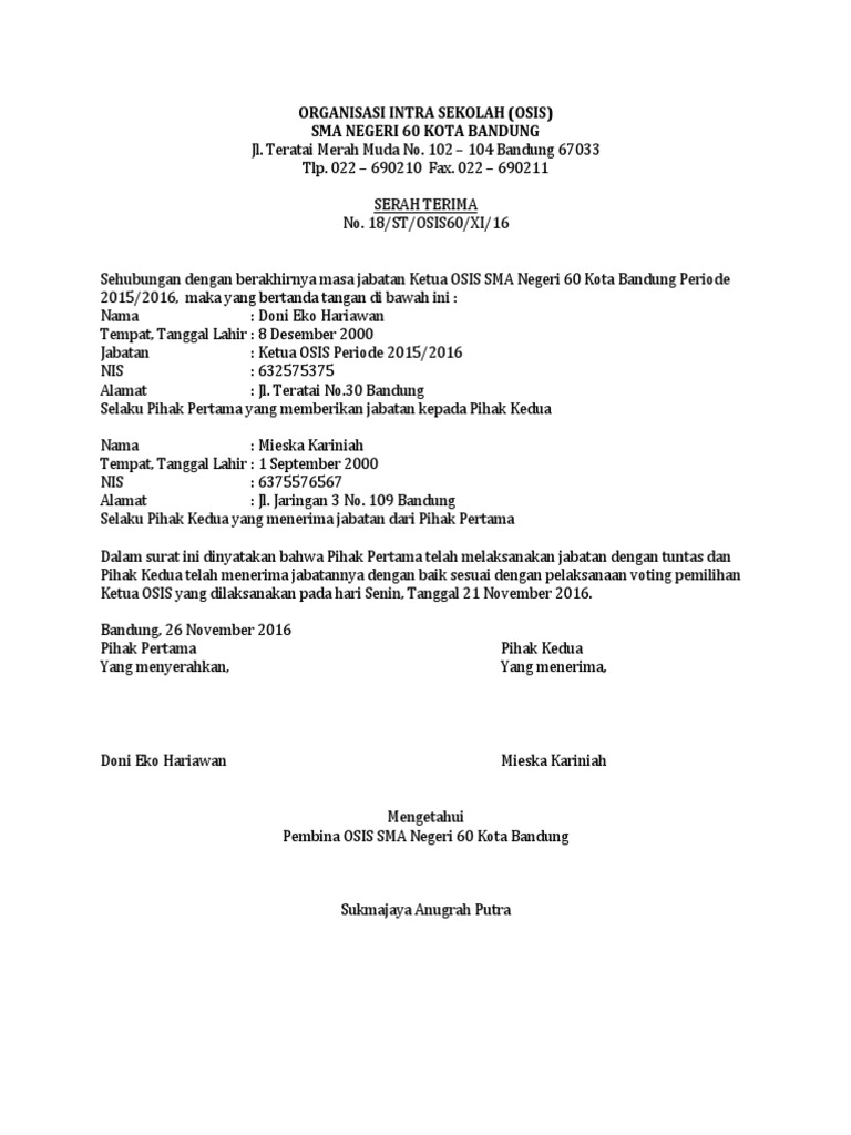 Contoh Surat Serah Terima Jabatan OSIS | PDF