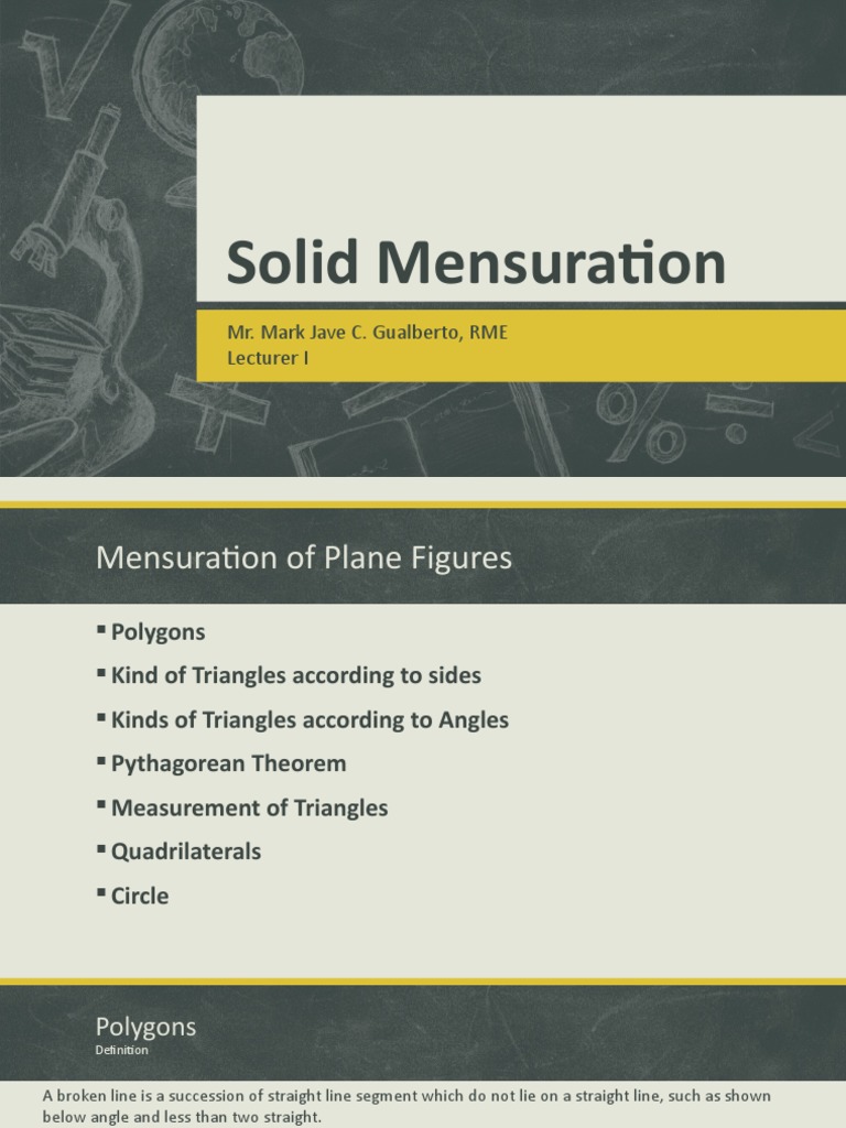 Solid Mensuration: Mr. Mark Jave C. Gualberto, RME Lecturer I | PDF | Triangle | Rectangle